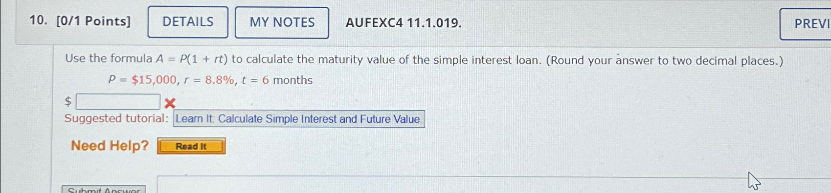 Solved [0/1 ﻿Points]AUFEXC4 11.1.019.Use the formula | Chegg.com