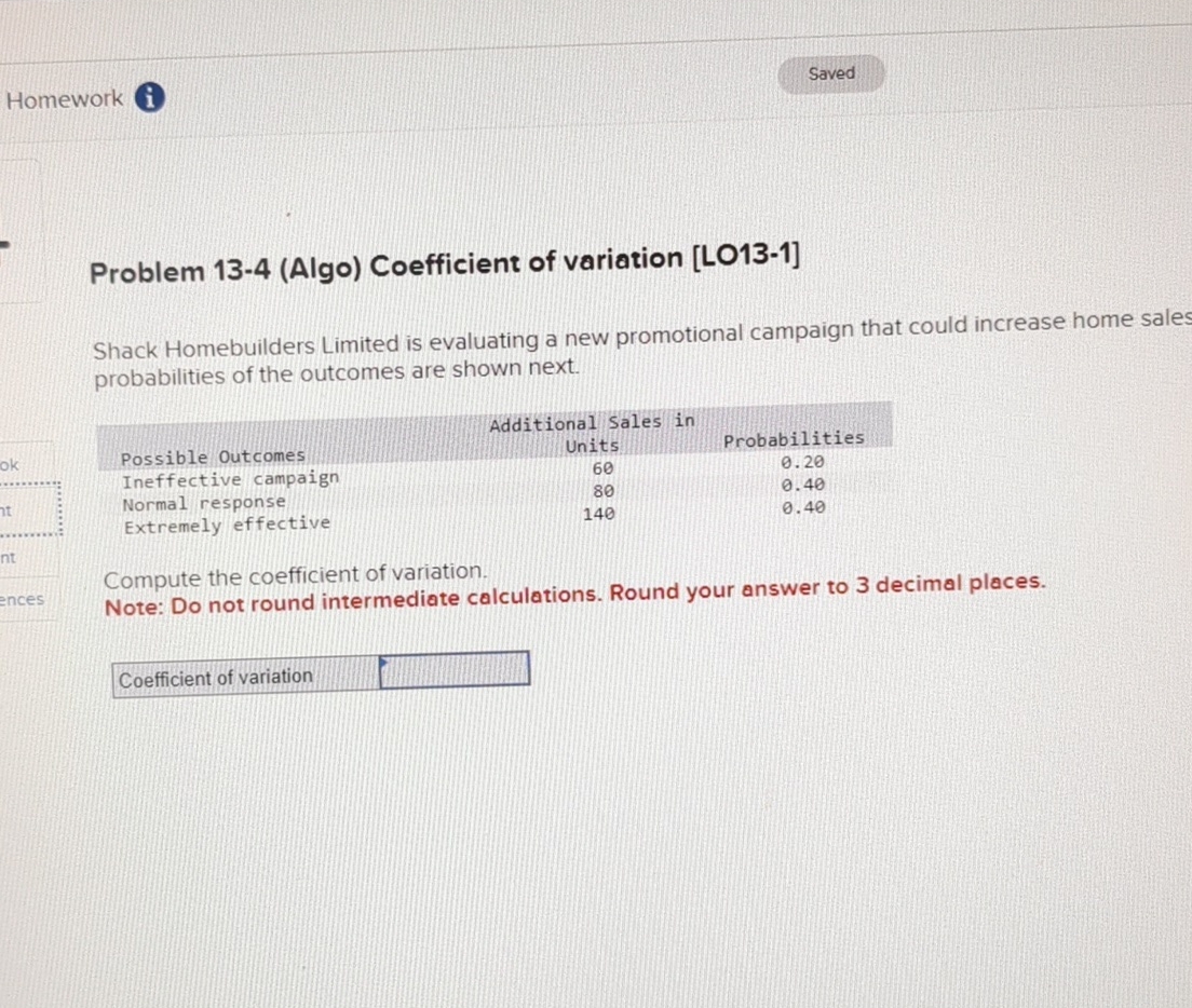 Solved Homework (iProblem 13-4 (Algo) ﻿Coefficient of | Chegg.com