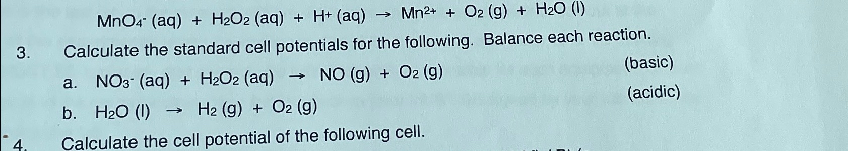 Solved Calculate the standard cell potentials for the | Chegg.com