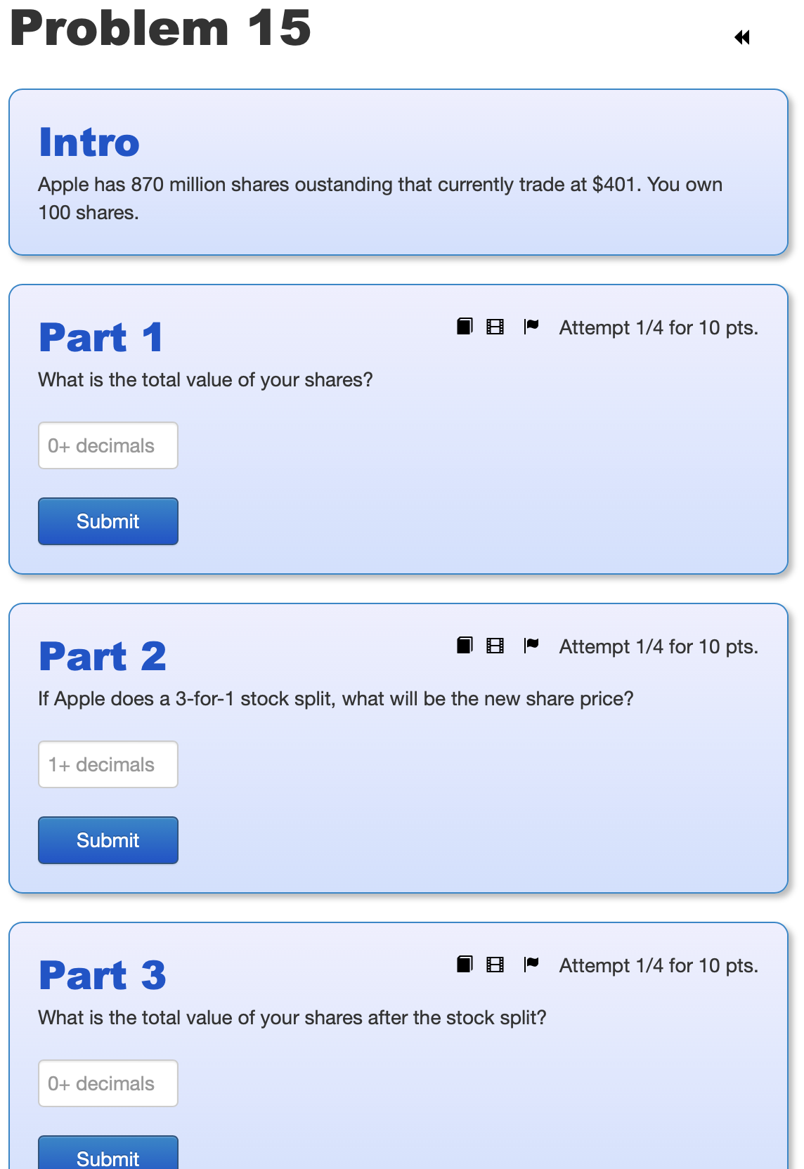 Solved Problem 15 (ANSWER ALL 5 ﻿Parts)IntroApple has 870 | Chegg.com