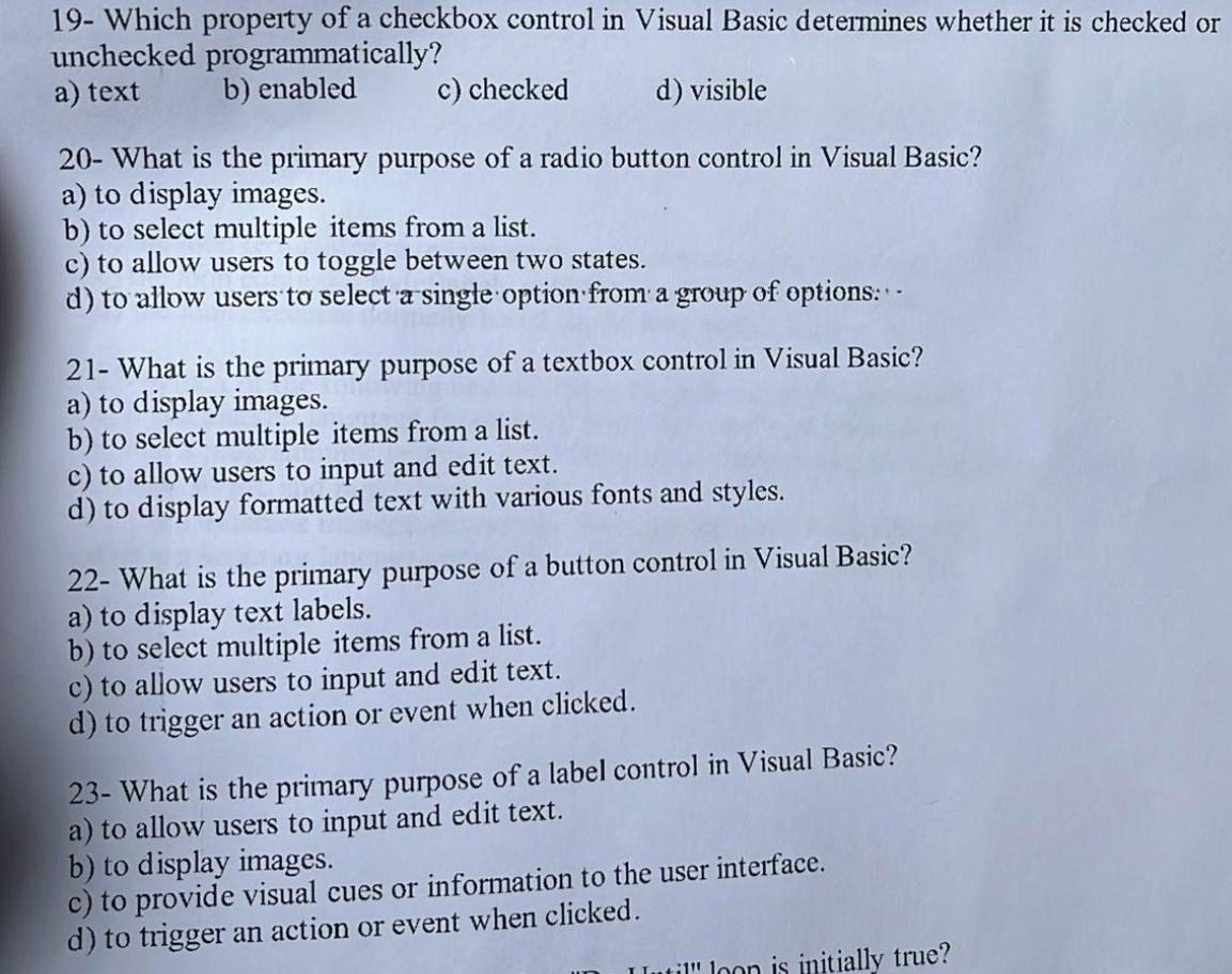 Solved 19- ﻿Which property of a checkbox control in Visual | Chegg.com