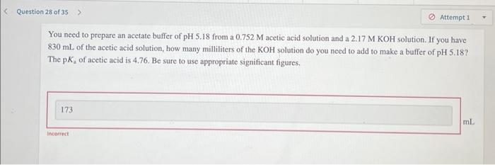 Solved You need to prepare an acetate buffer of pH5.18 from | Chegg.com
