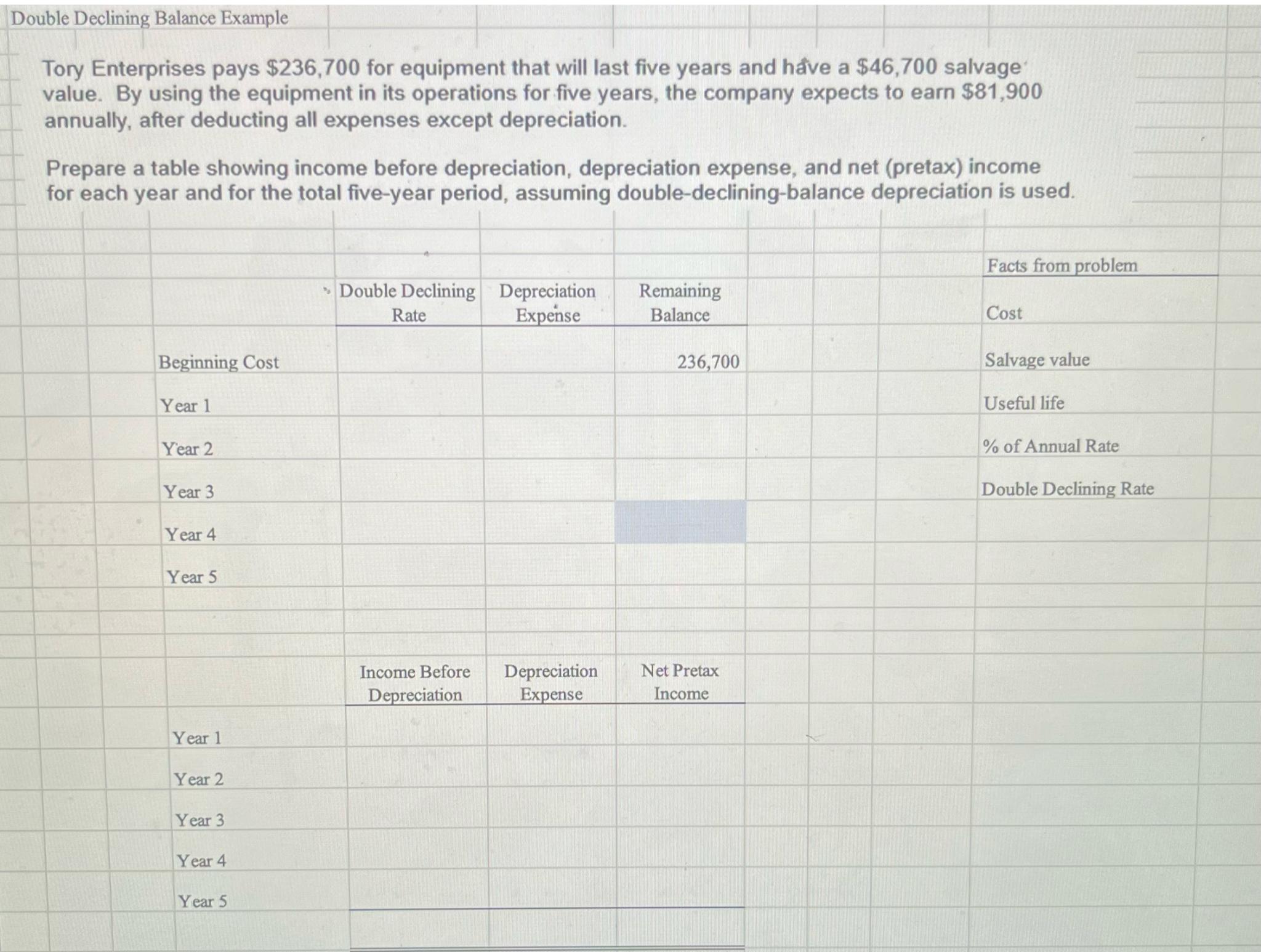 Solved Double Declining Balance ExampleTory Enterprises pays | Chegg.com
