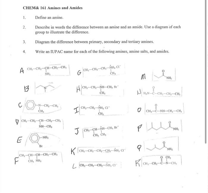 Solved CHEM& 161 Amines and Amides 1. Define an amine. 2. | Chegg.com