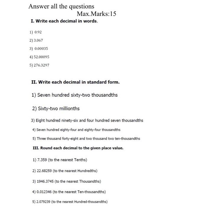 Solved Answer all the questions Max.Marks: 15 I. Write each | Chegg.com