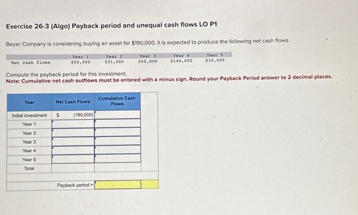 Solved Exercise 26-3 (Algo) Payback period and unequal cash | Chegg.com