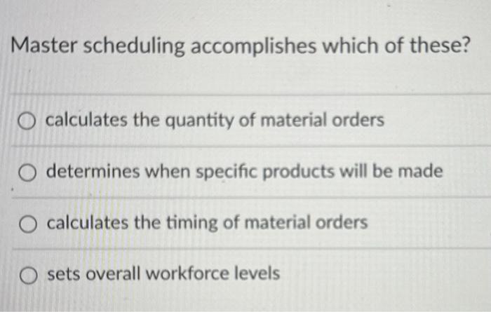 Solved Master scheduling accomplishes which of these? | Chegg.com