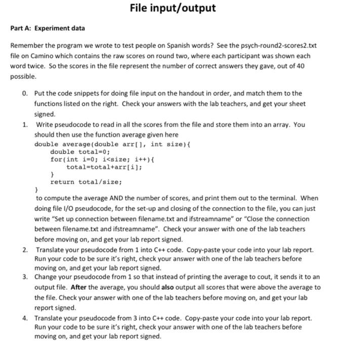 Solved File input/output Part A: Experiment data Remember | Chegg.com