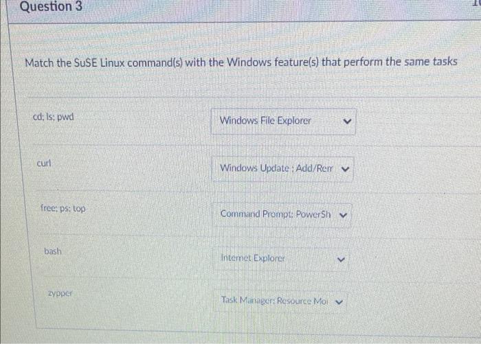 Solved 1 Question 3 Match the SuSE Linux command(s) with the | Chegg.com