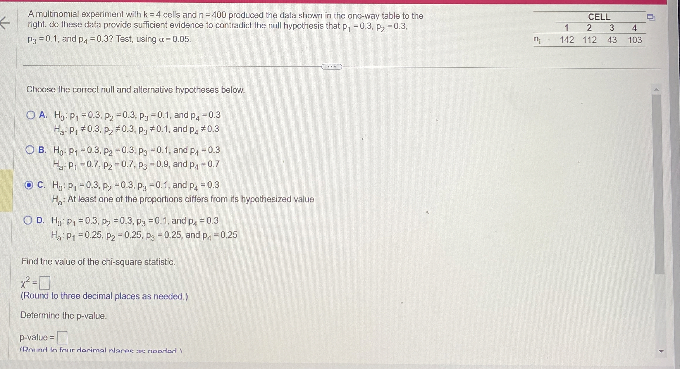 Solved A multinomial experiment with k=4 ﻿cells and n=400 | Chegg.com