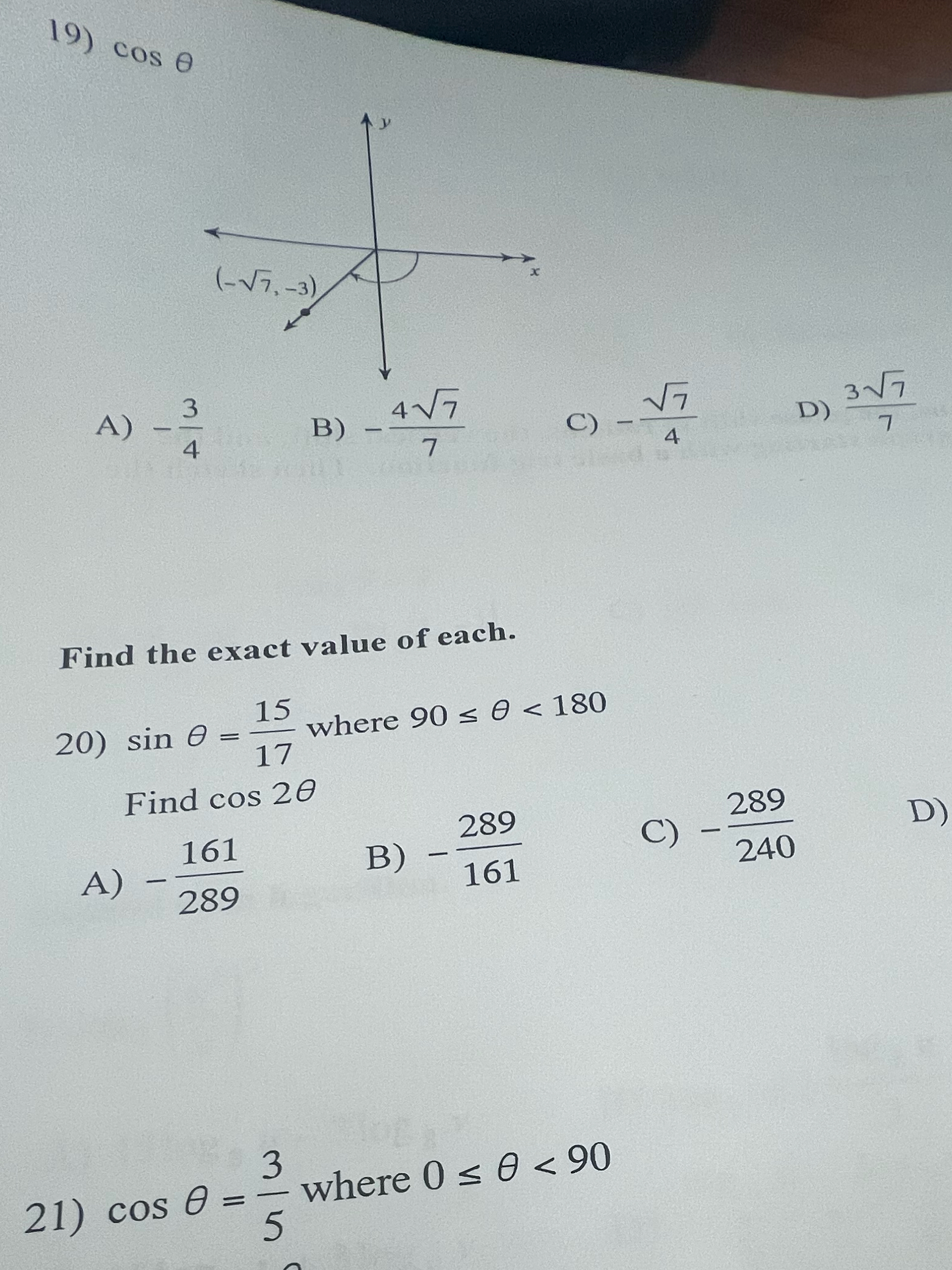 Solved cosθA) -34B) -4727C) -724D) 3727Find the exact value | Chegg.com