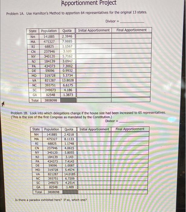 Solved 4 Apportionment Project Problem 1A. Use Hamilton's | Chegg.com