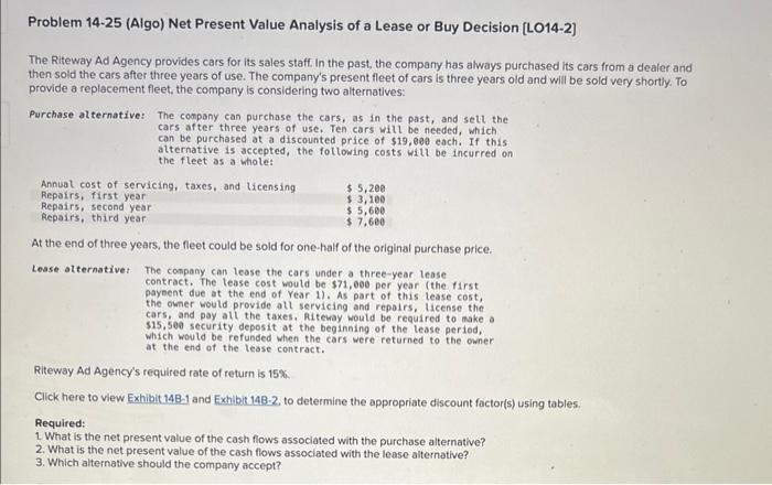 Solved Problem 14-25 (Algo) Net Present Value Analysis of a | Chegg.com