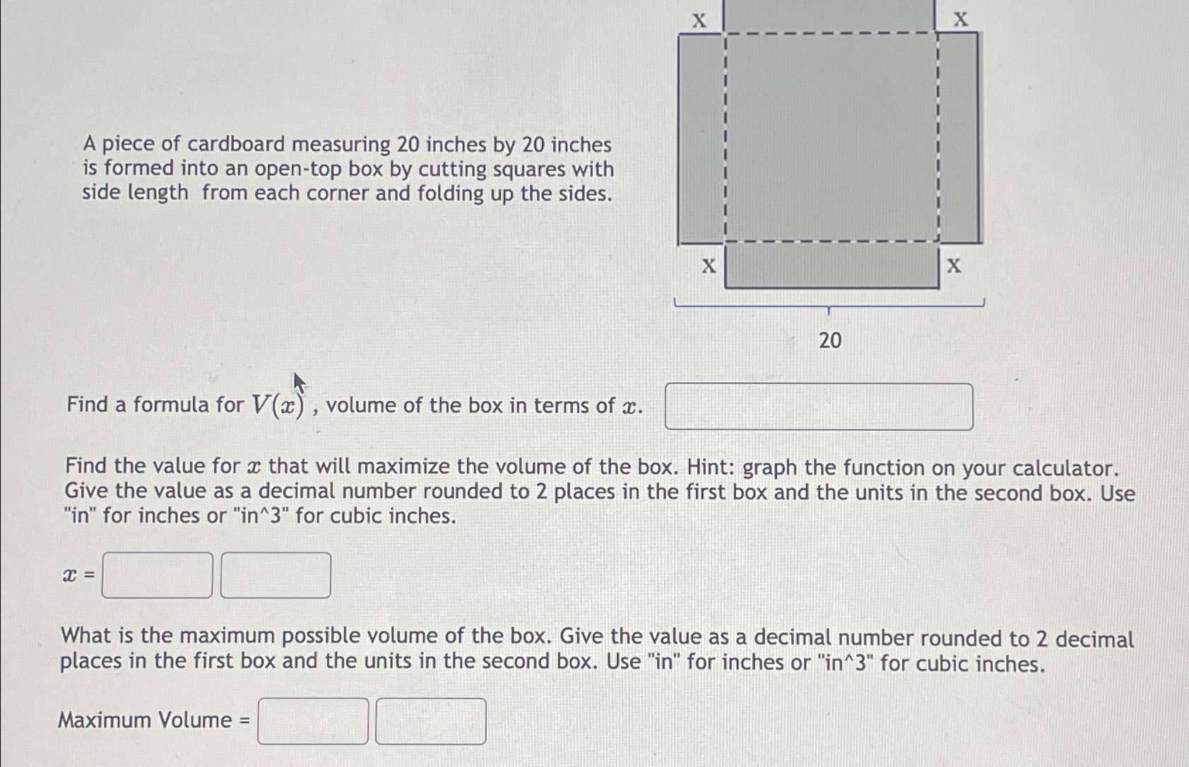 Solved A piece of cardboard measuring 20 ﻿inches by 20 | Chegg.com