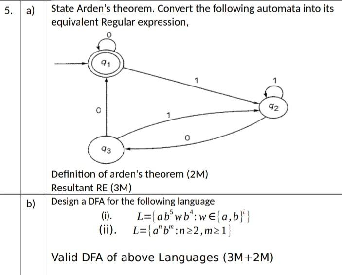 Solved 5. a) State Arden's theorem. Convert the following | Chegg.com