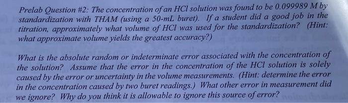 Prelab Question #2: The concentration of an HCl | Chegg.com