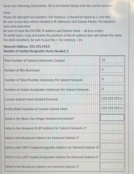 Solved Given the following information, fill in the blanks | Chegg.com