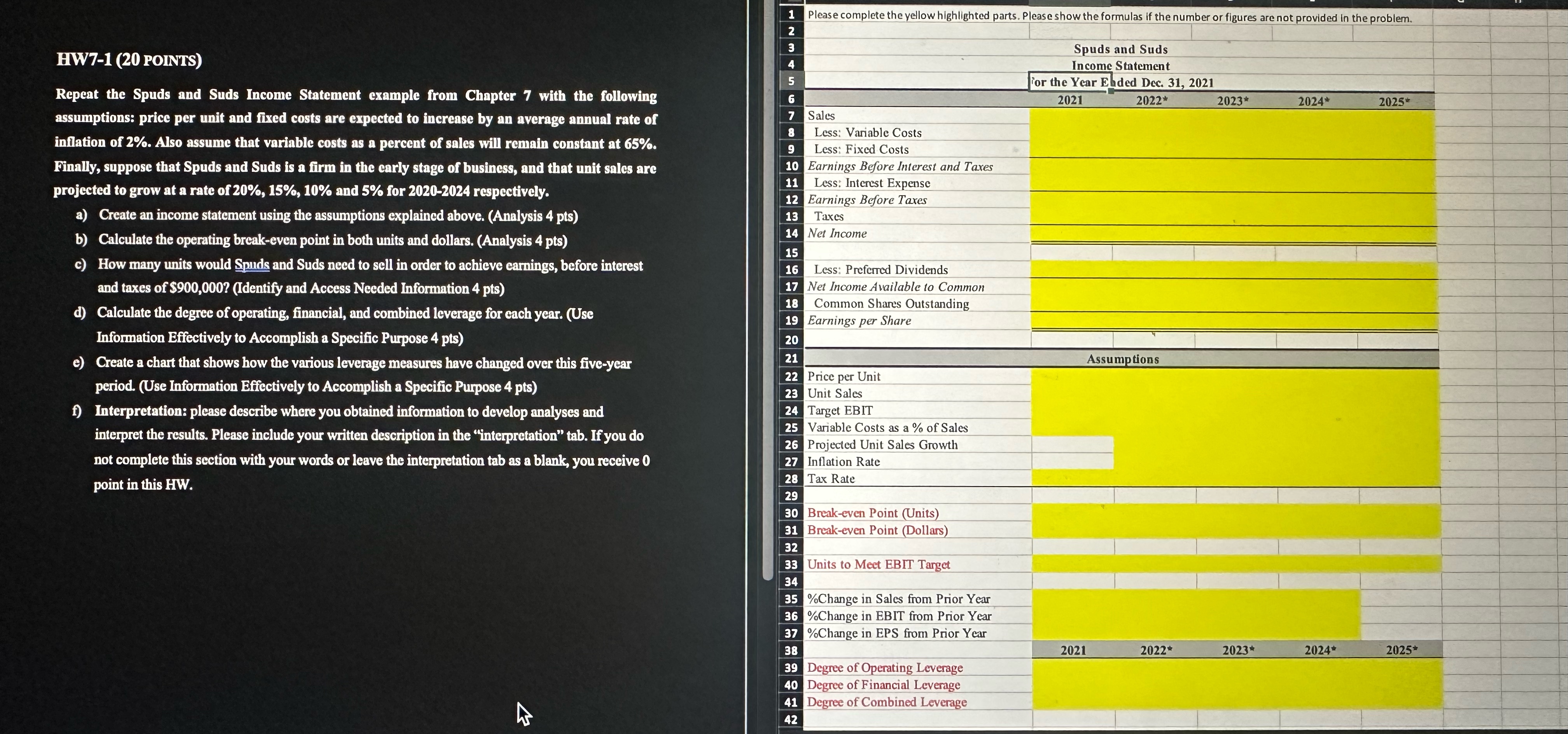 Please complete highlighted area on excel sheet | Chegg.com