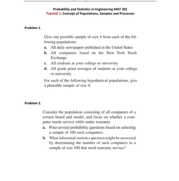 Solved Probability and Statistics in Engineering MAT 201 | Chegg.com