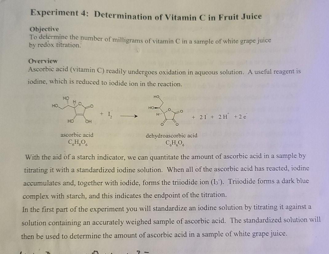 Solved Experiment 4: Determination of Vitamin C in Fruit | Chegg.com