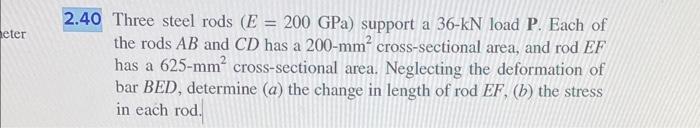 Solved Three steel rods (E = 200 GPa) support a 36-kN load | Chegg.com