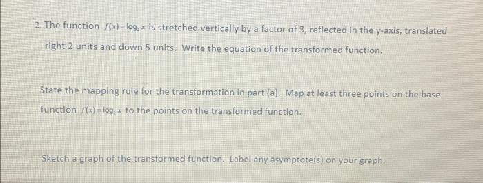 Solved 2. The function f(x)=log2x is stretched vertically by | Chegg.com