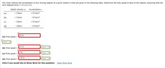 Solved The initial velocity and acceleration of four moving | Chegg.com
