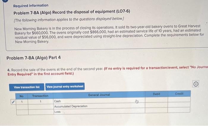 Solved Required information Problem 7-8A (Algo) Record the | Chegg.com