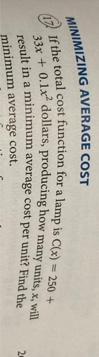 Solved MINIMIZING AVERAGE COST 17 If the total cost function | Chegg.com