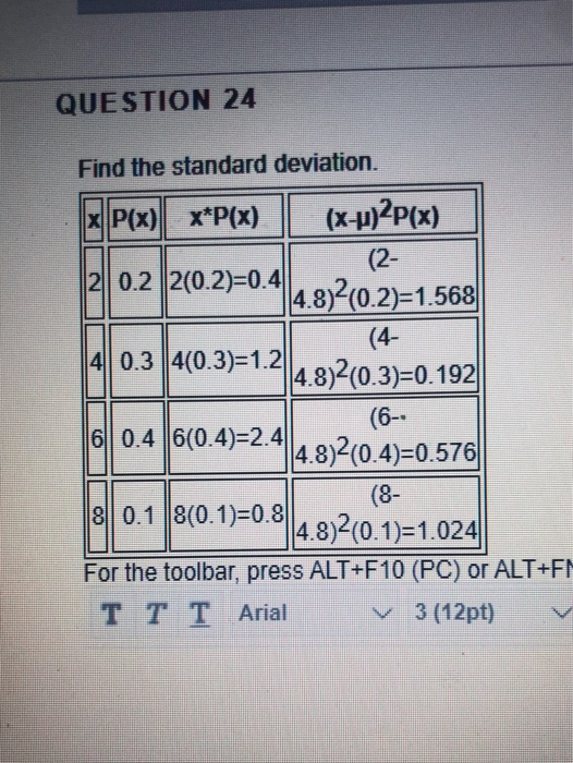 Solved QUESTION 24 Find the standard deviation, P(x) x*P(x) | Chegg.com