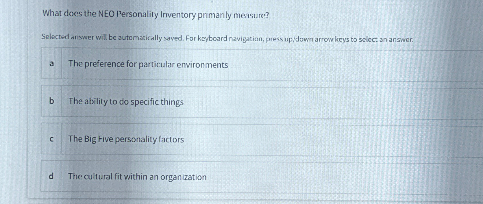 Solved What does the NEO Personality Inventory primarily | Chegg.com