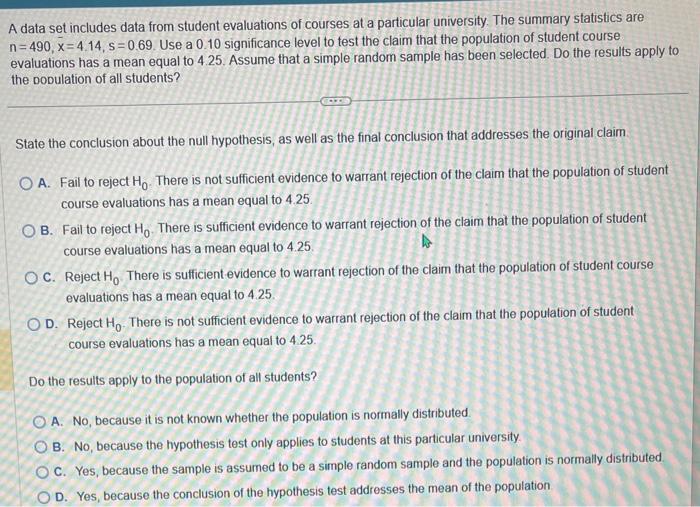 Solved A data set includes data from student evaluations of | Chegg.com