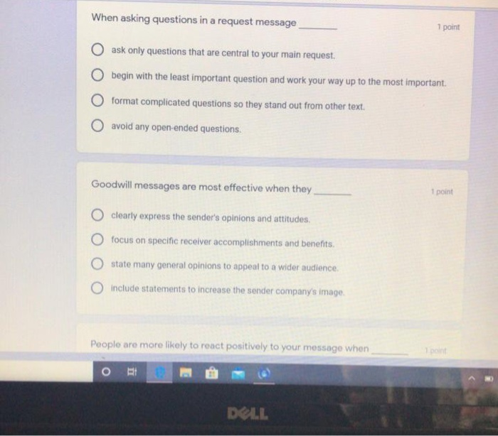 Solved When asking questions in a request message 1 point O | Chegg.com