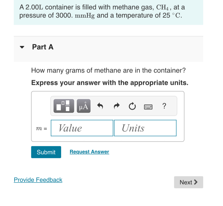 Solved A 2.00L container is filled with methane gas, CH4, | Chegg.com