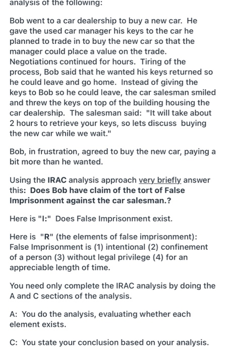 Using these IRAC headings the legal problem is | Chegg.com