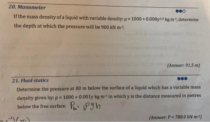 Solved 20. Manometer If the mass density of a liquid with | Chegg.com