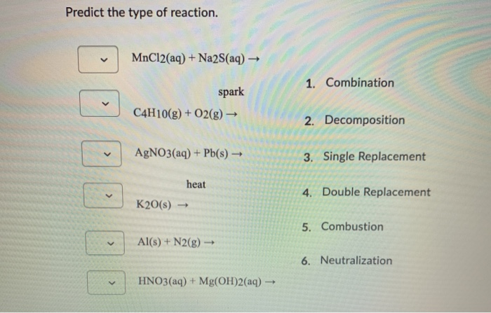 Solved Predict the type of reaction. MnCl2(aq) + Na2S(aq) → | Chegg.com
