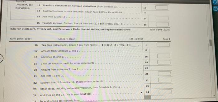 Instructions Form 1040 Schedule 1 2020 Tax Rate | Chegg.com