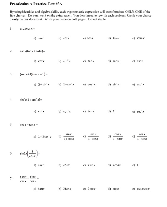 Solved Precalculus A Practice Test #3A By using identities | Chegg.com