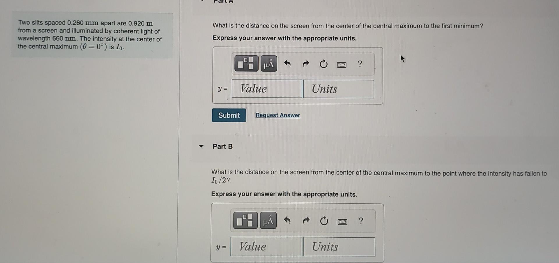 Solved Two slits spaced 0.260 mm apart are 0.920 m What is | Chegg.com