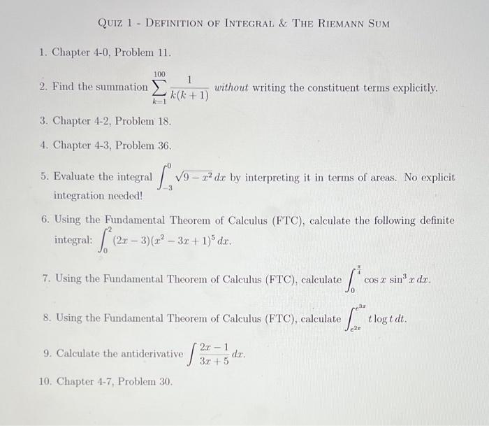 Solved QUIZ 1 - DEFINITION OF INTEGRAL & THE RIEMANN SUM 1. | Chegg.com