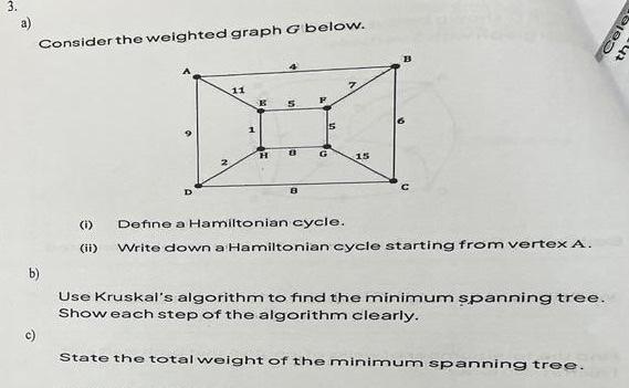 Solved a) Consider the weighted graph G below. (i) Define a | Chegg.com
