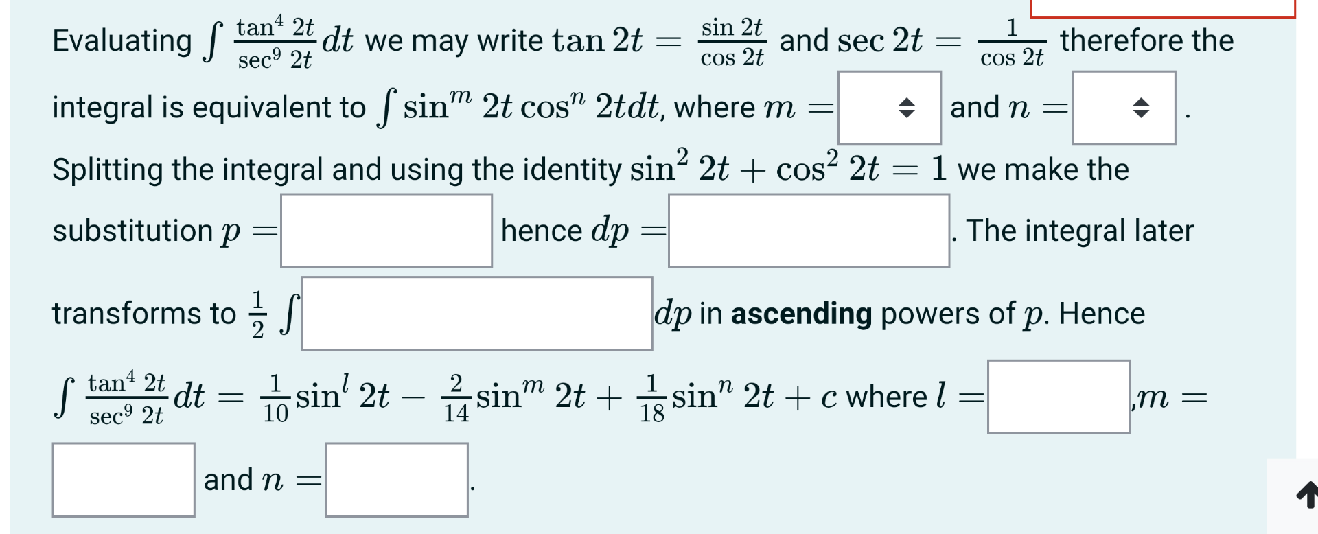 Solved sin 2t and sec 2t = 1 cos 2t cos 2t m tan4 2t | Chegg.com