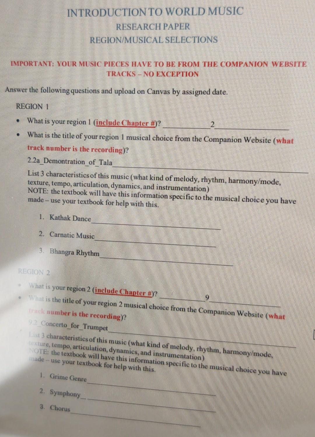 INTRODUCTION TO WORLD MUSIC RESEARCH PAPER | Chegg.com