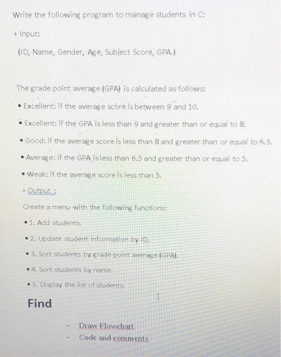 Solved Write the following program to manage students in C: | Chegg.com