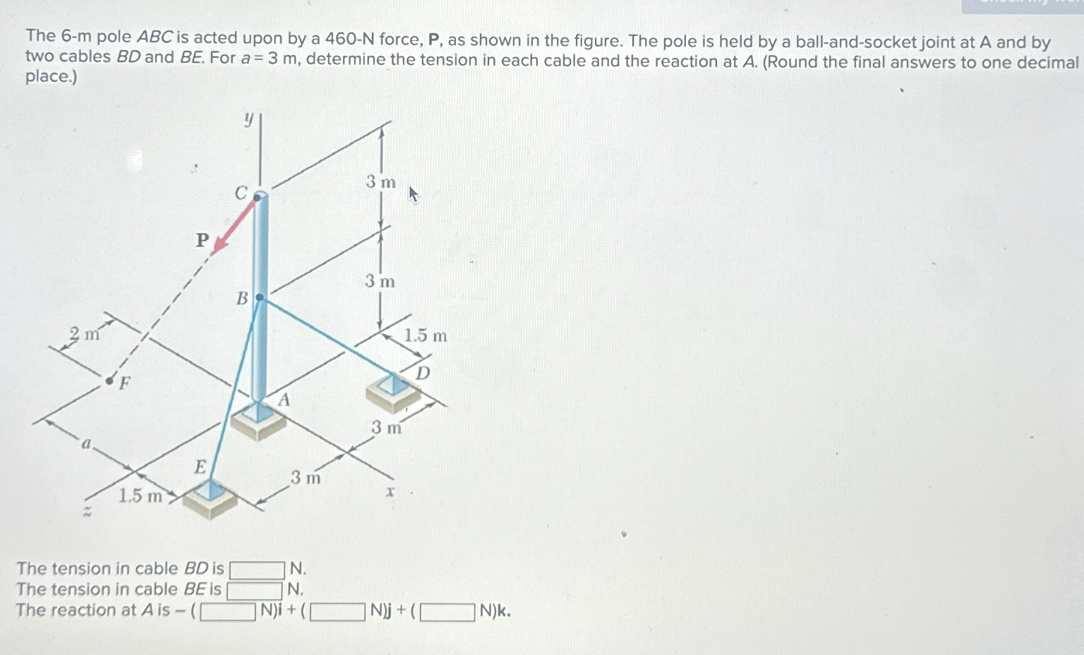 Solved The 6-m ﻿pole ABC is acted upon by a 460-N ﻿force, P, | Chegg.com