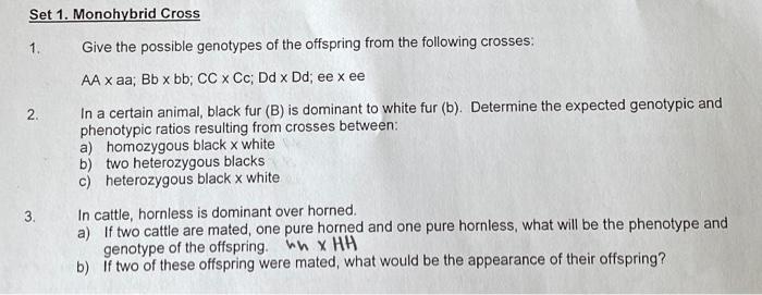 Solved Set 1. Monohybrid Cross 1. Give the possible | Chegg.com