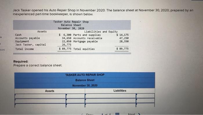 Solved Jack Tasker opened his Auto Repair Shop in November | Chegg.com