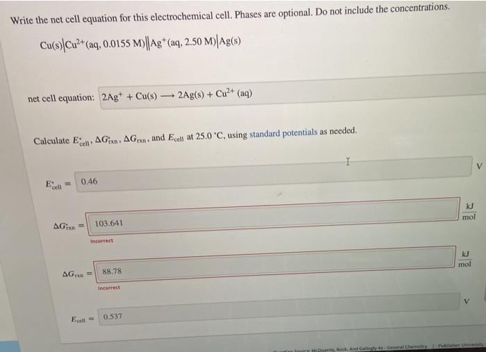 Solved Write the net cell equation for this electrochemical | Chegg.com