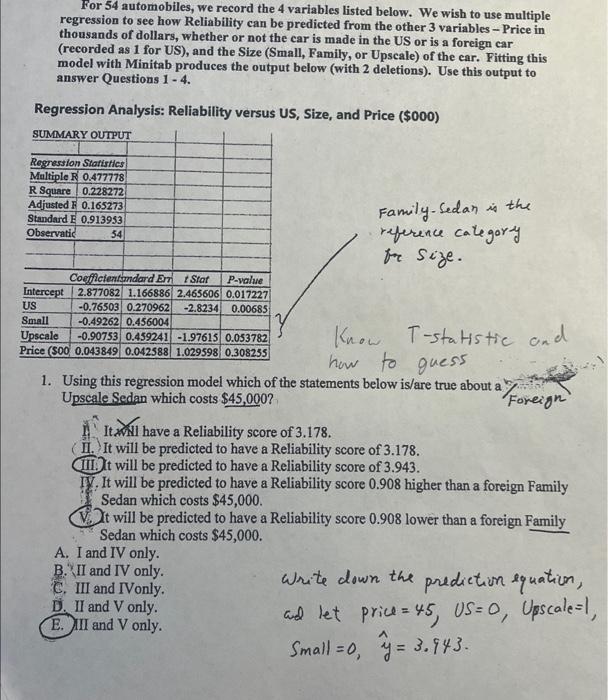 For 54 automobiles, we record the 4 variables listed | Chegg.com